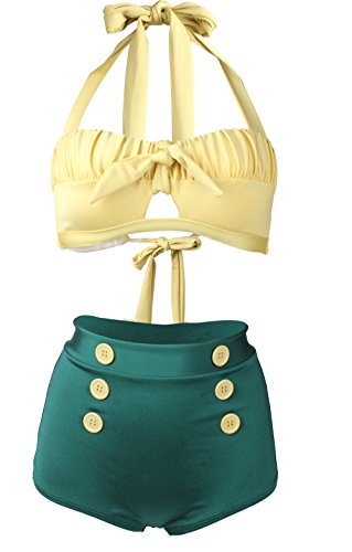 ᐅ Gigileer Retro Badeanzug Bademode Bikini Set Hohe Teillen Gelb And Gruen Xl